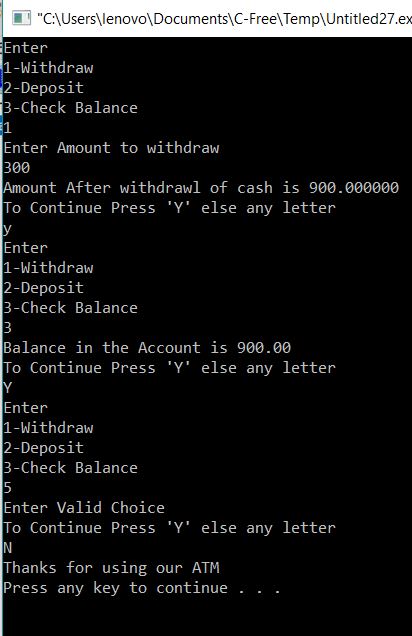 All C Programs: Program 278: Program for ATM Machine