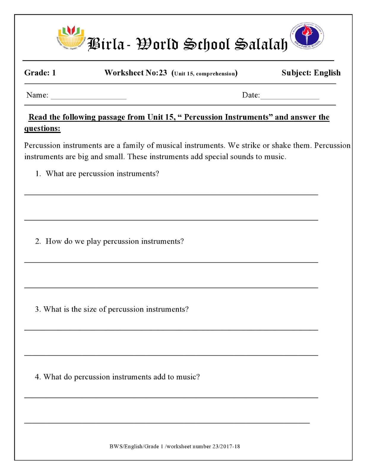 Birla World School Oman: Homework for Grade 1as on 10/04/2018