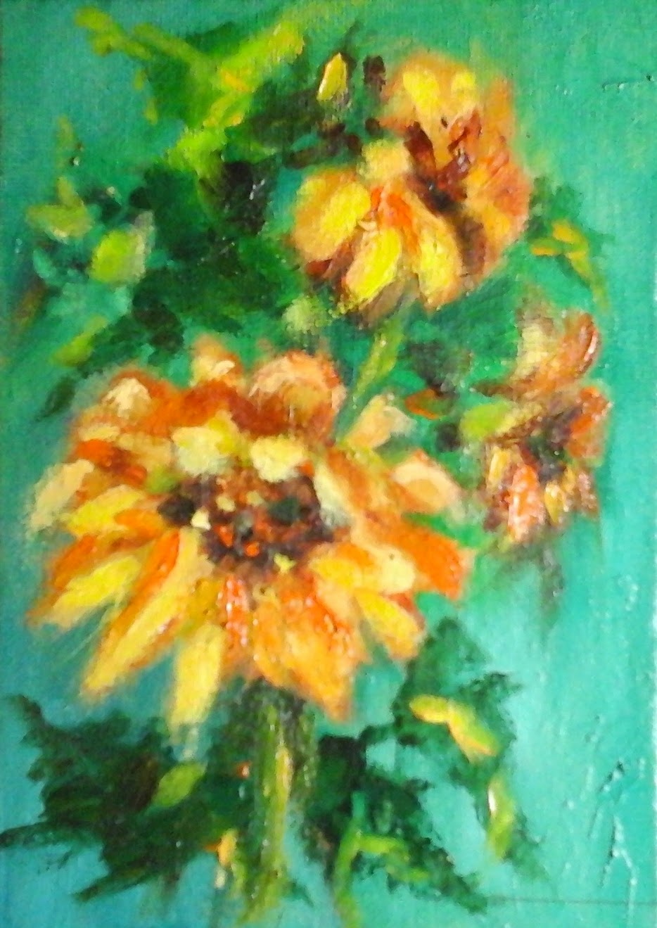 Bev Koldon Art: Sunflowers 2 5 x 7 oil painting on canvas board