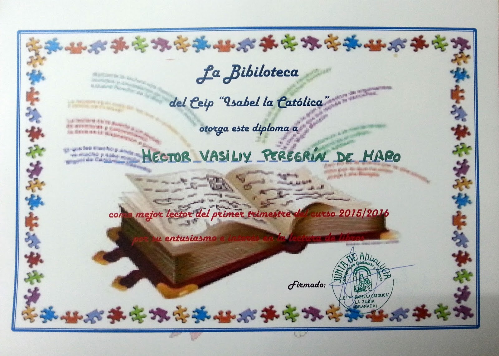 Celeste: DIPLOMA AL MEJOR LECTOR DEL TRIMESTRE: