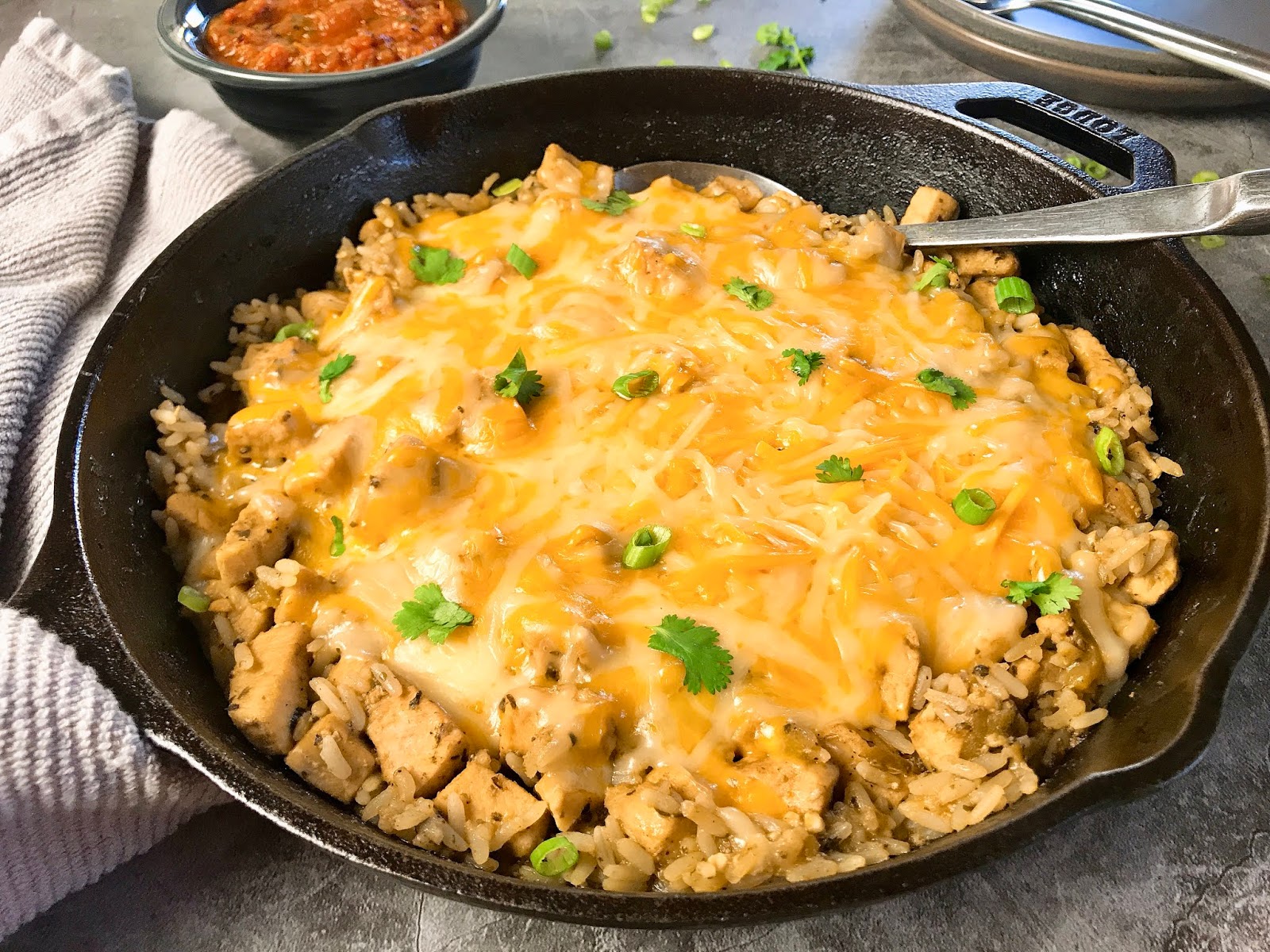 One Pot Chicken and Rice with Green Chilies and Cheese