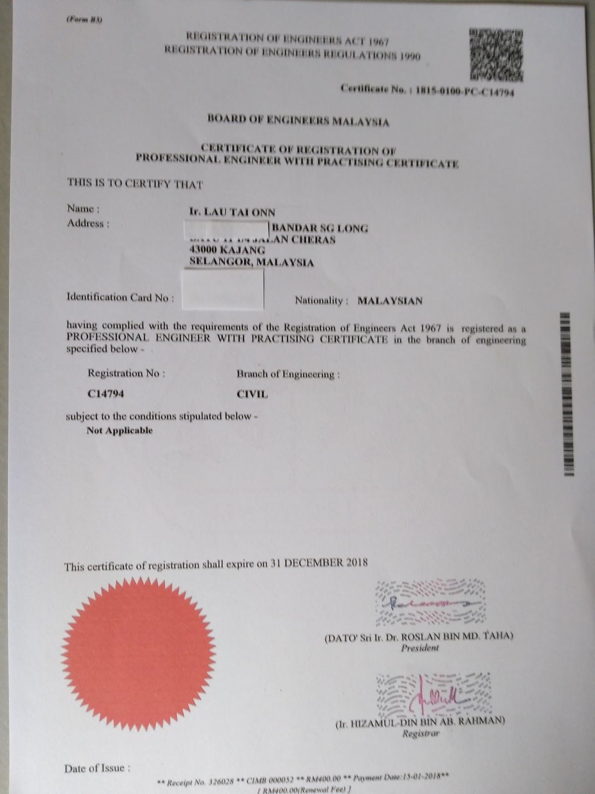 JUST TO SHARE (Lau Tai Onn): Renewal of My PE Registration for 2018