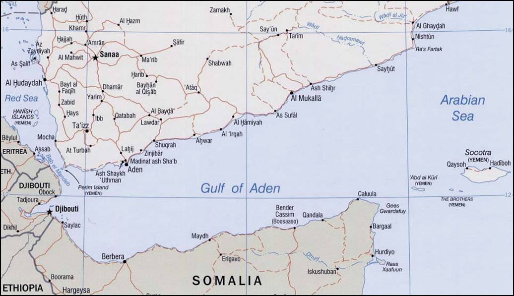Kaart topografie landen Midden-Oosten: Kaart Golf van Aden - Jemen ...