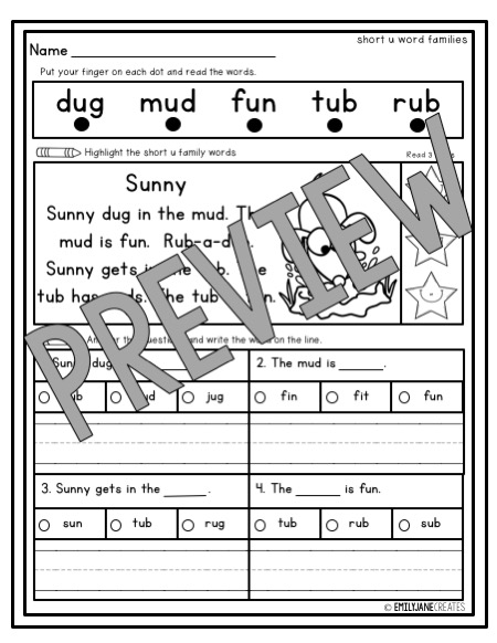 Emily Jane Creates: READING COMPREHENSION PASSAGES-CVC WORD FAMILY WORDS