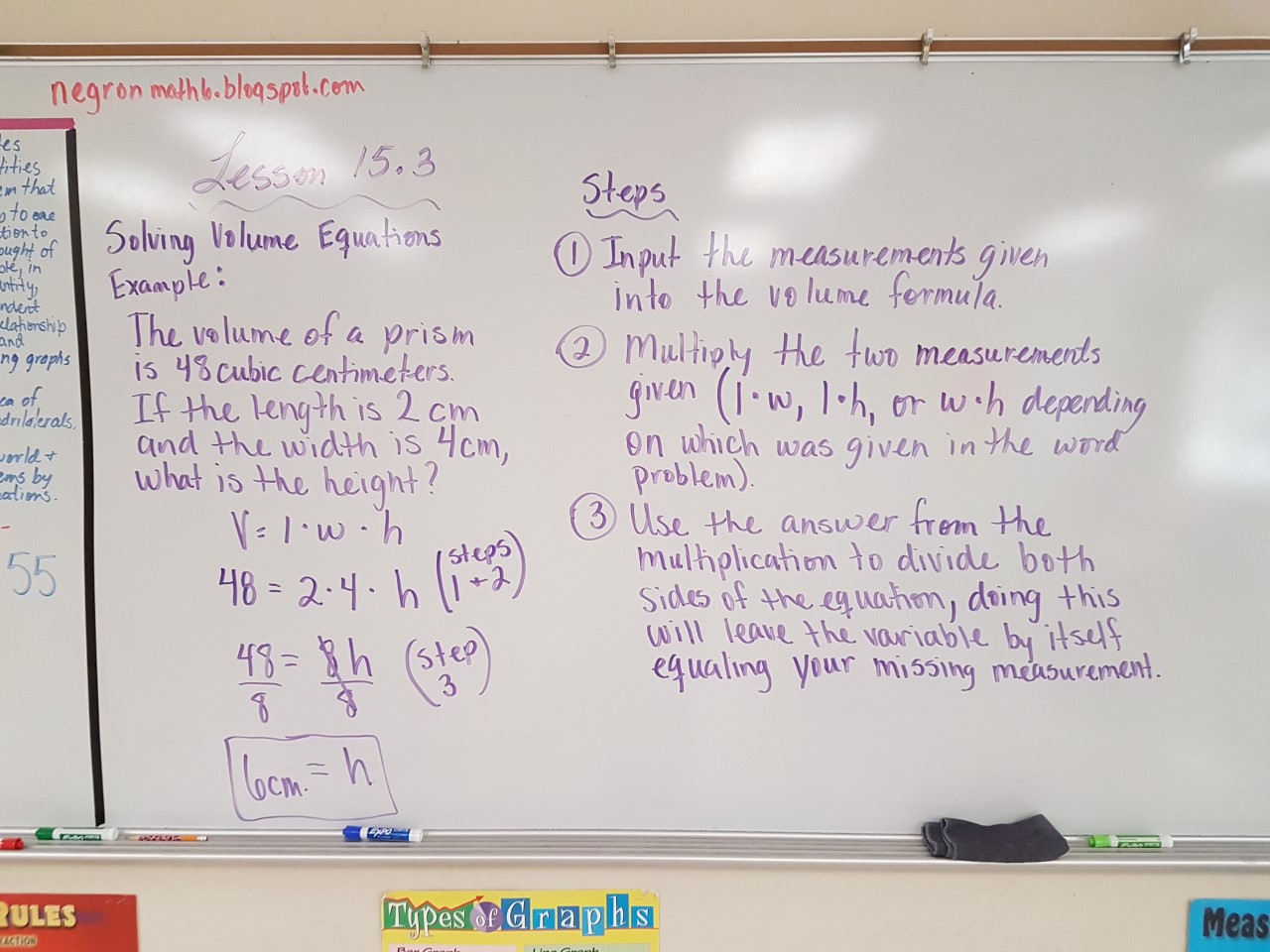 Mrs. Negron 6th Grade Math Class: Lesson 15.3 Solving Volume Equations