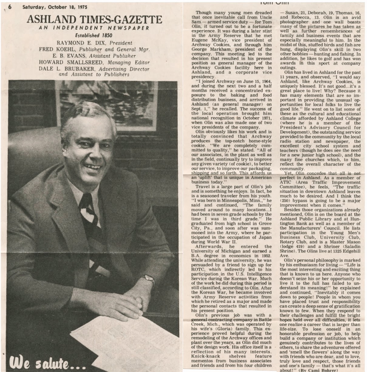 Thomas F. Olin: A reference archive of articles, press releases, news stories, photographs, and ...