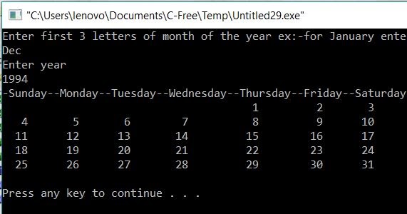 All C Programs: Get Calendar for Given Year and Month