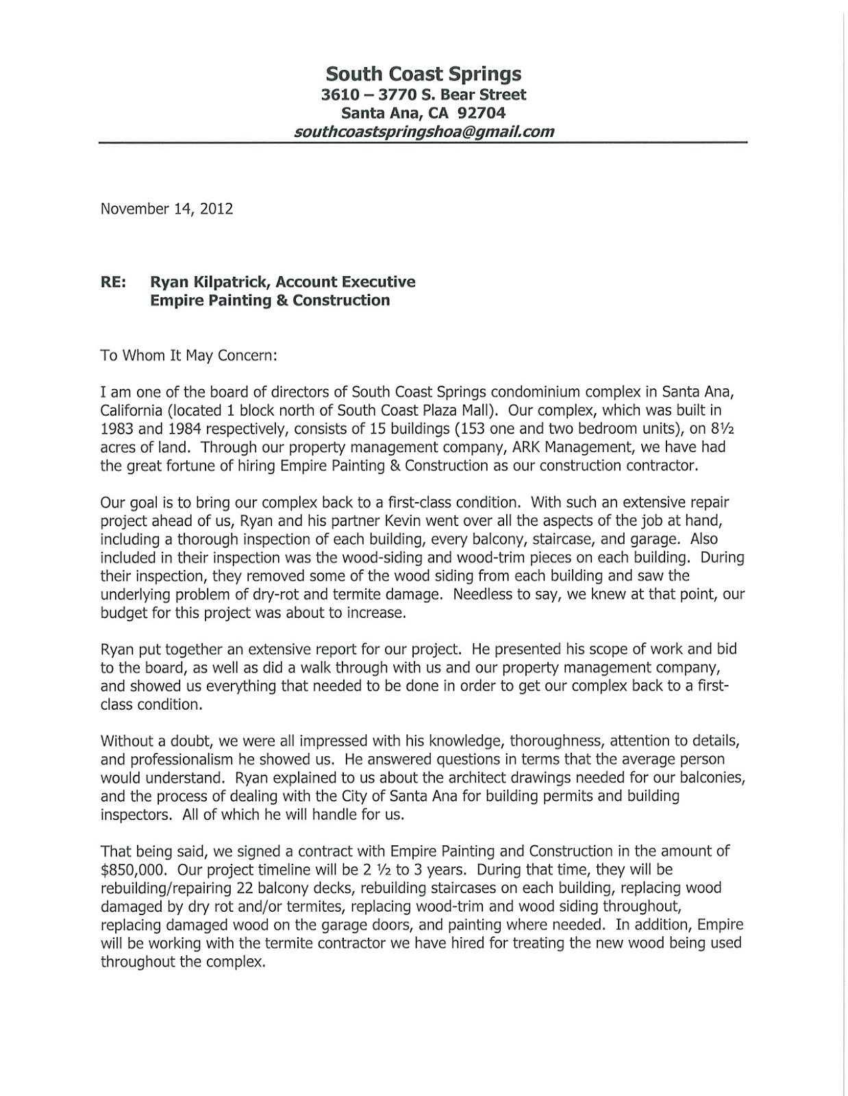 EmpireWorks Reviews and Resources: South Coast Springs Reference Letter