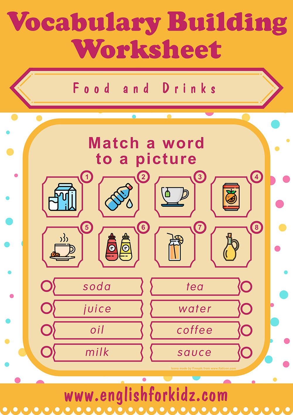 Food & Drinks Worksheets: Word to Picture Matching