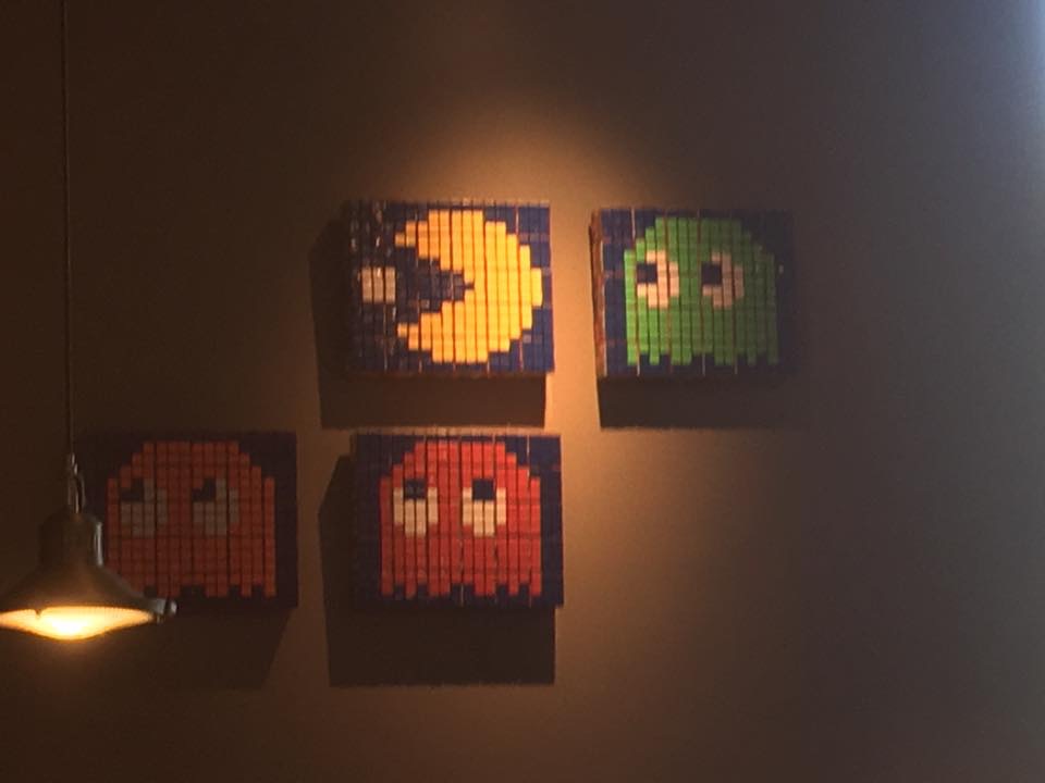 Pac-Man wall art with Rubik's Cubes