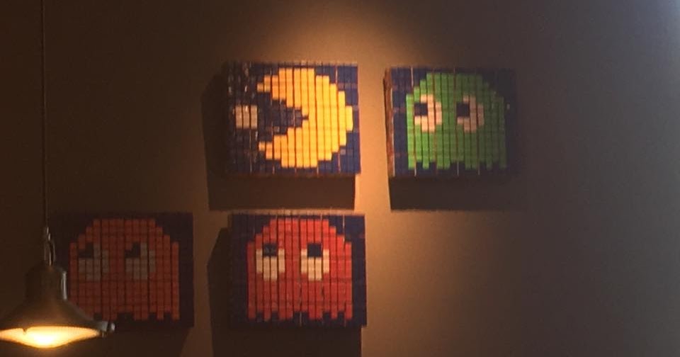 Pac-Man wall art with Rubik's Cubes