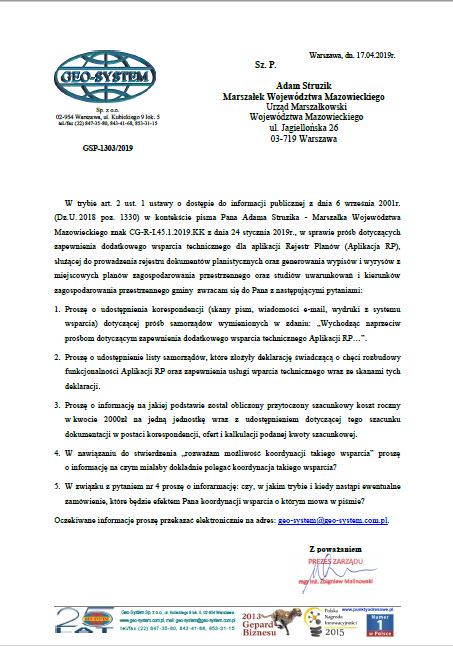 Geo-System Sp. z o.o.: Pytamy BGWM o Aplikację RP [Aktualizacja 07.05.2019]