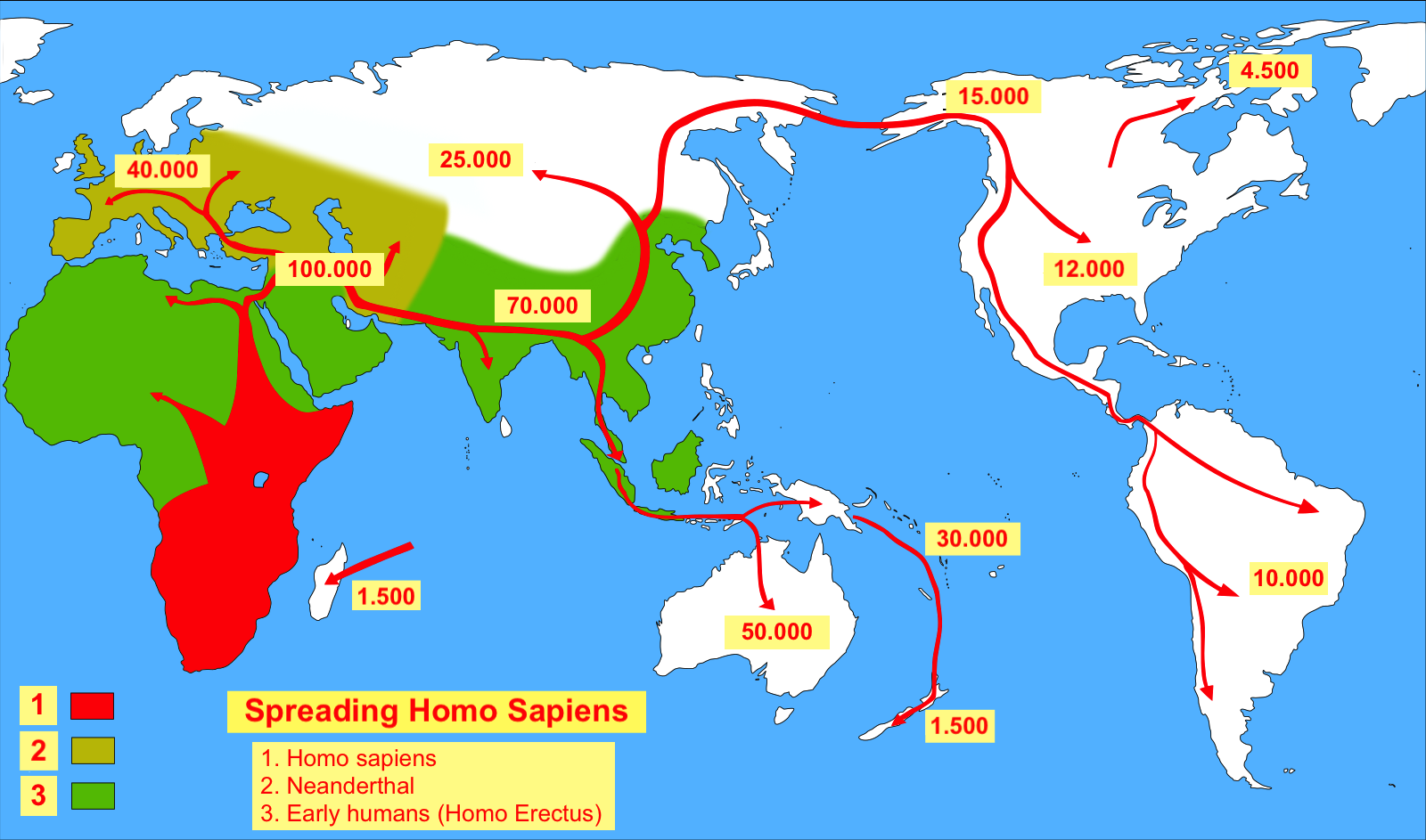 Veredas do Tempo: Mapa: Rotas de migração do Homo Sapiens Sapiens
