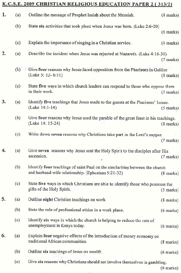 kcsepaper: 2009 KCSE CRE PAPER 2