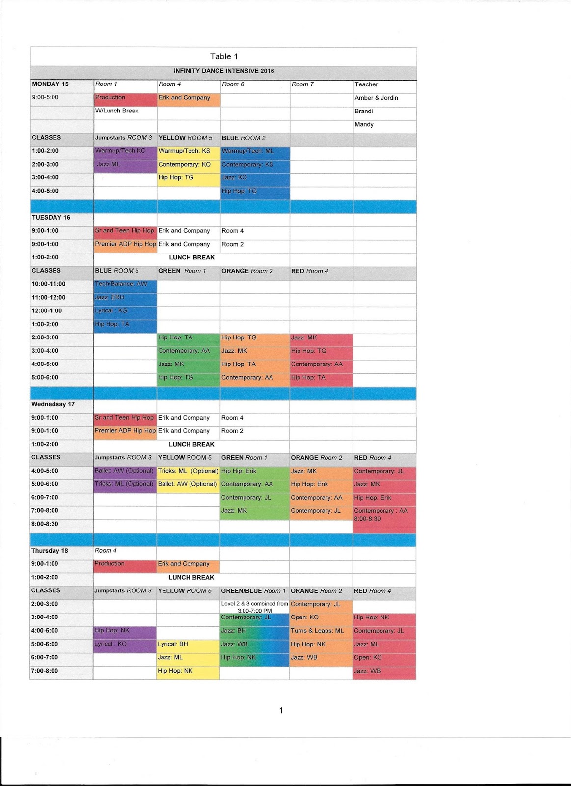 Infinity Intensive Schedule: AUG 15-18