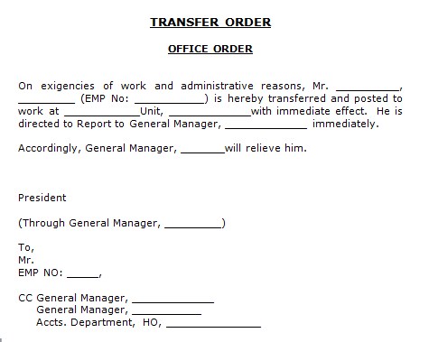 Transfer Order Letter Format