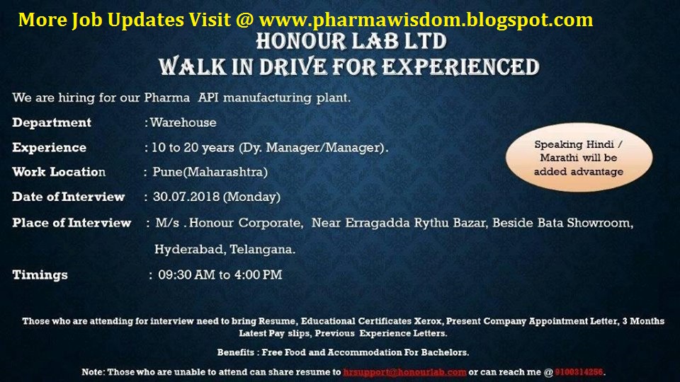 HONOUR LAB LIMITED - Walk-In Drive for Warehouse Department on 30th ...