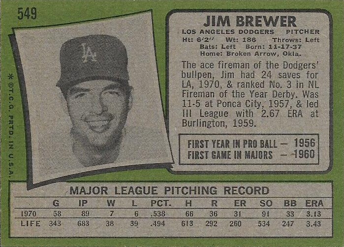 Topps 1971: no. 549 - jim brewer