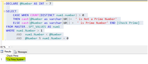 Microsoft Business Intelligence: Find the prime number using sql script