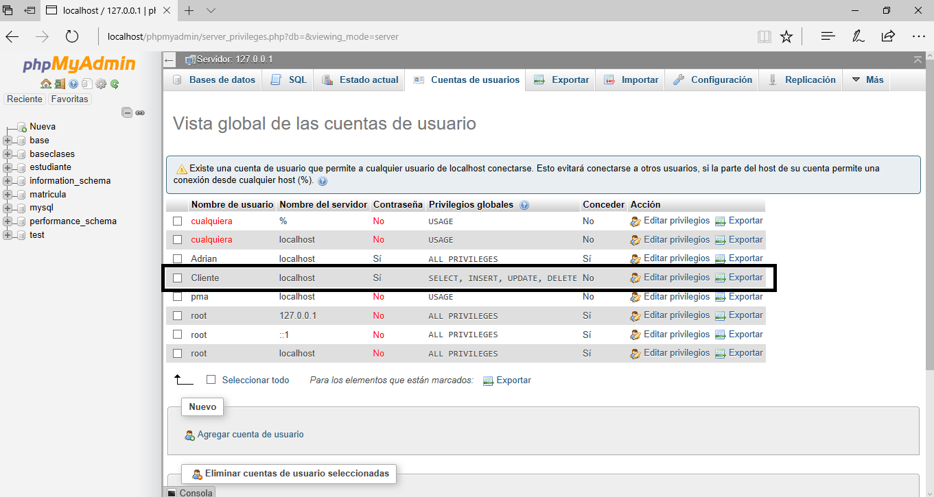 CREAR UN USUARIO EN MYSQL PARA CADA ROL