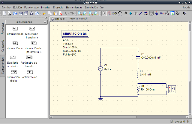 Las cosas que aprendo sobre tecnología.: QUCS ejemplo de resonancia.