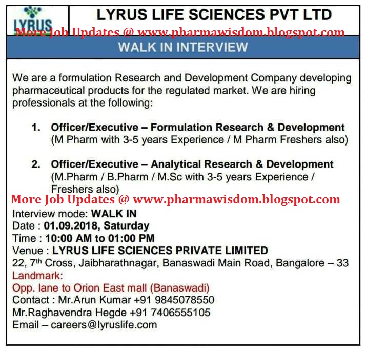 LYRUS LIFE SCIENCES - Walk-In Interview for Freshers & Experienced ...
