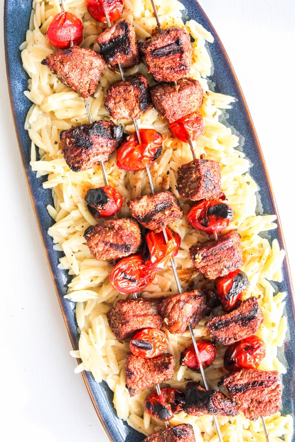 Grilled Southwestern Beef & Tomato Kebabs with Lemon Orzo