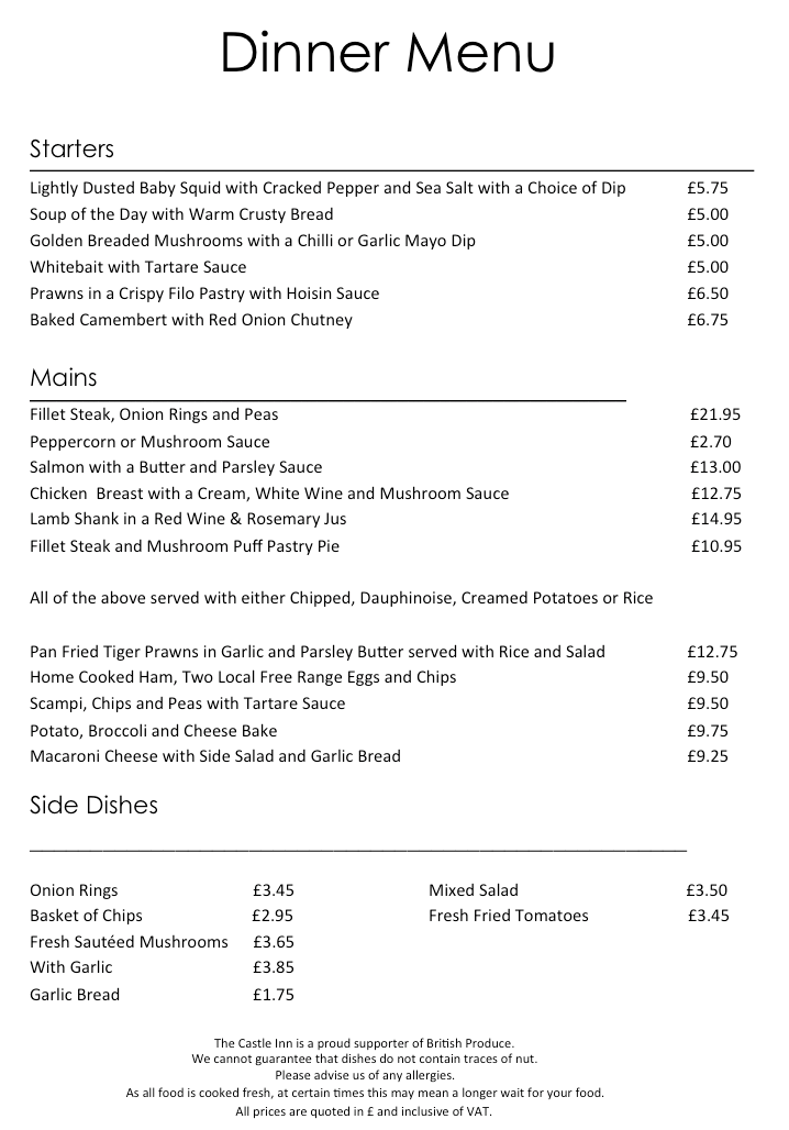 The Castle Inn, Brenchley, TN12 7BN, Kent: Dinner menu