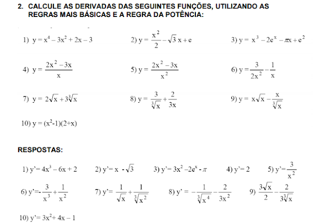 A LUZ DA MATEMÁTICA: EXERCÍCIOS DE DERIVADAS