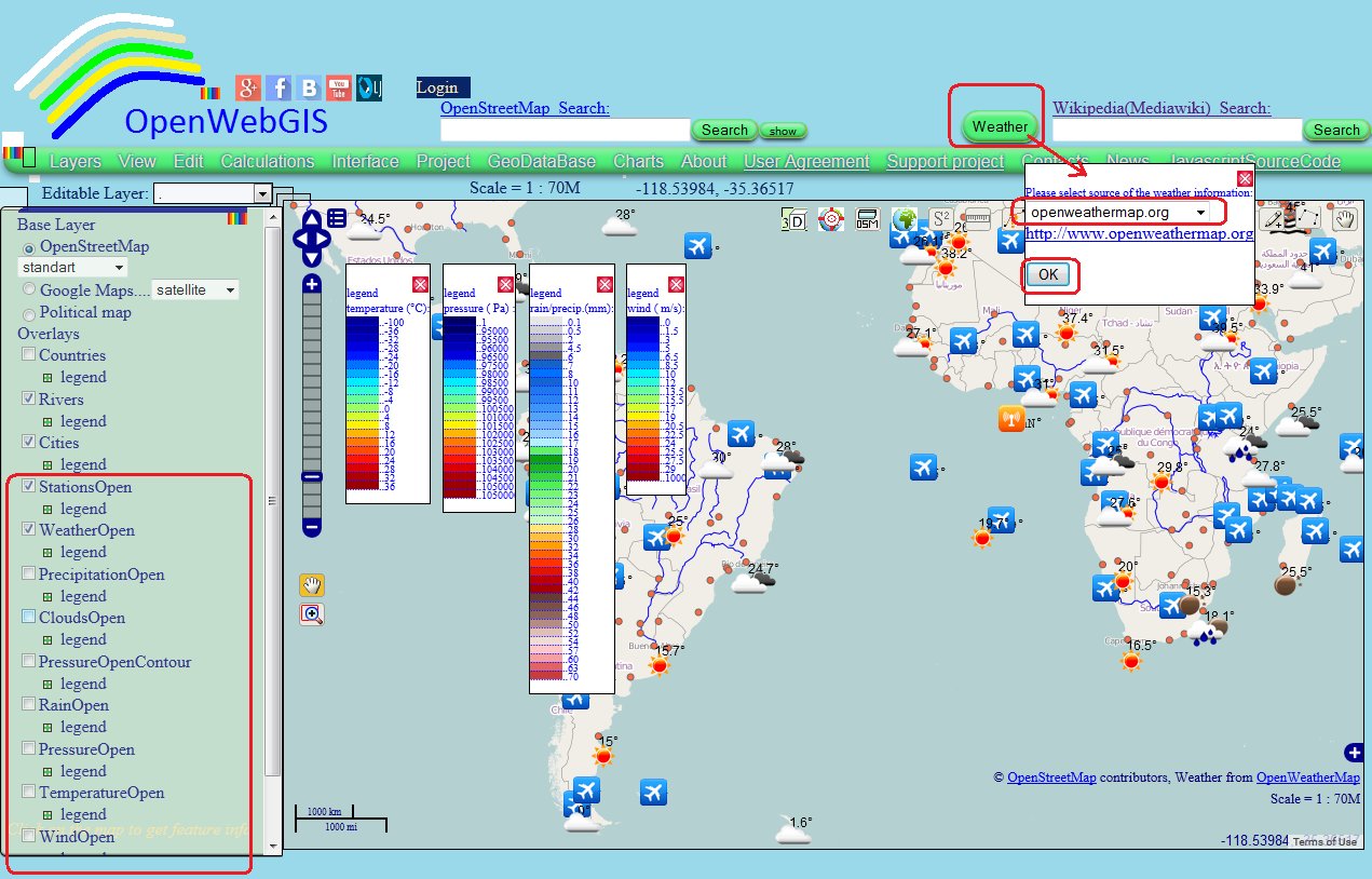 OpenWebGIS is free online GIS: Weather in OpenWebGIS