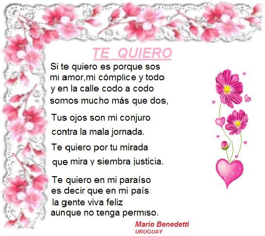 LETRAS, CANCIONES Y POEMAS: TE QUIERO (Mario Benedetti)