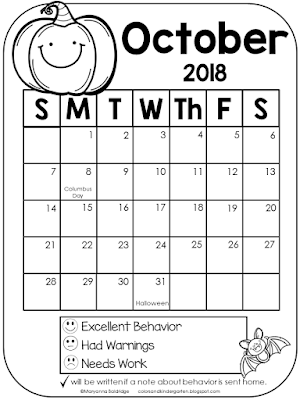 Colors and Kindergarten: Behavior Calendars 2018-2019