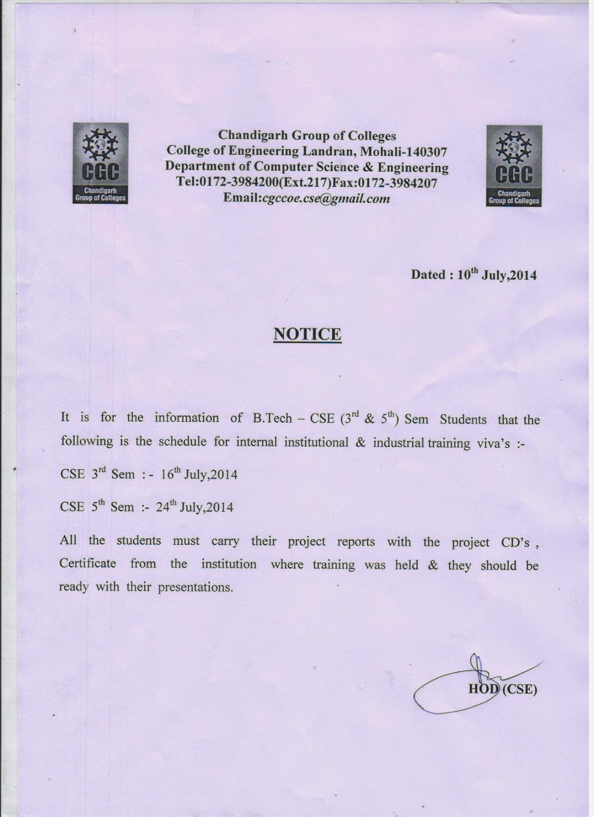 Notice For Internal Viva | CGC COLLEGE OF ENGINEERING
