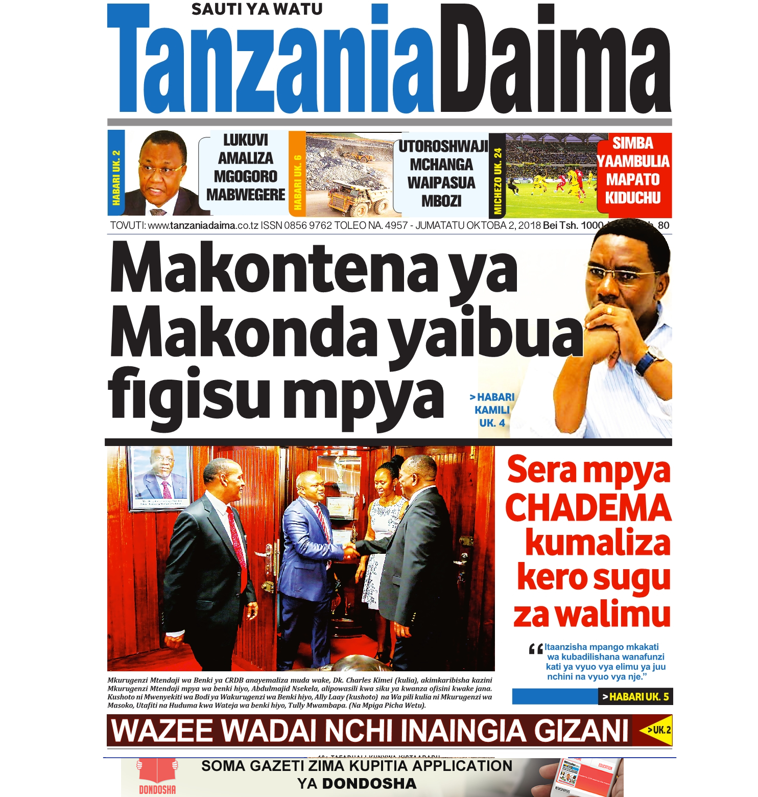 Tanzanian Today's Newspapers MAGAZETI YA LEO JUMANNE 2nd October, 2018 ...