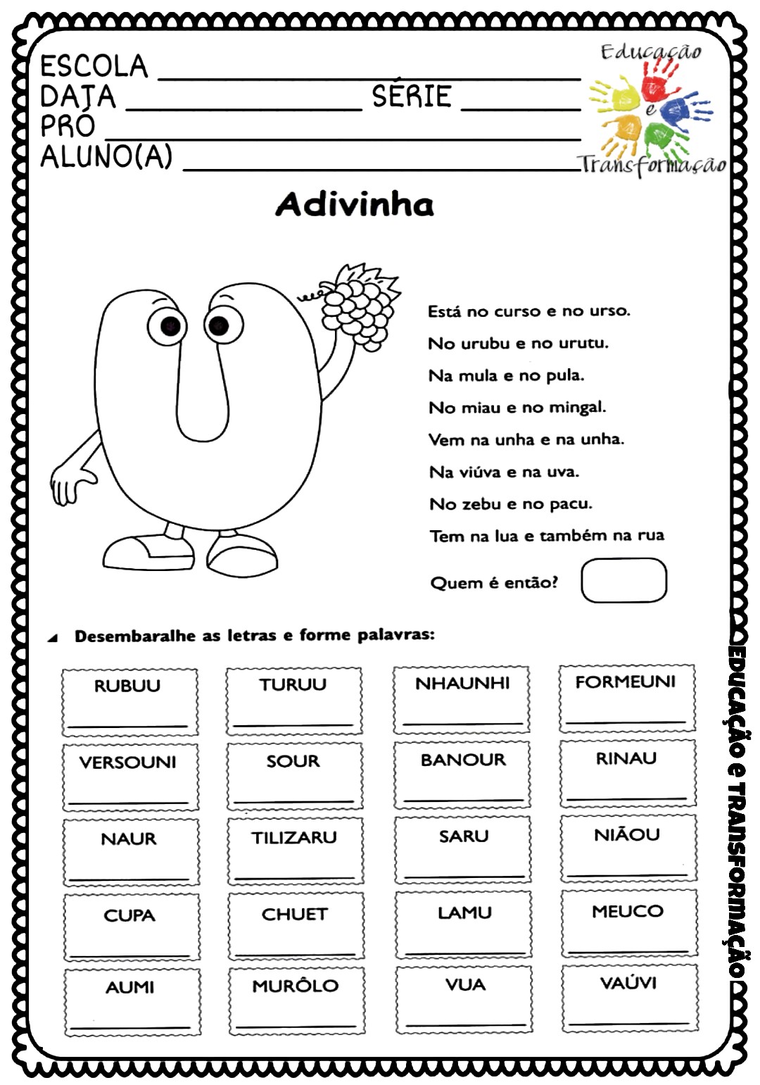 Adivinhas Atividade de adivinhas para cada letra do alfabeto ...