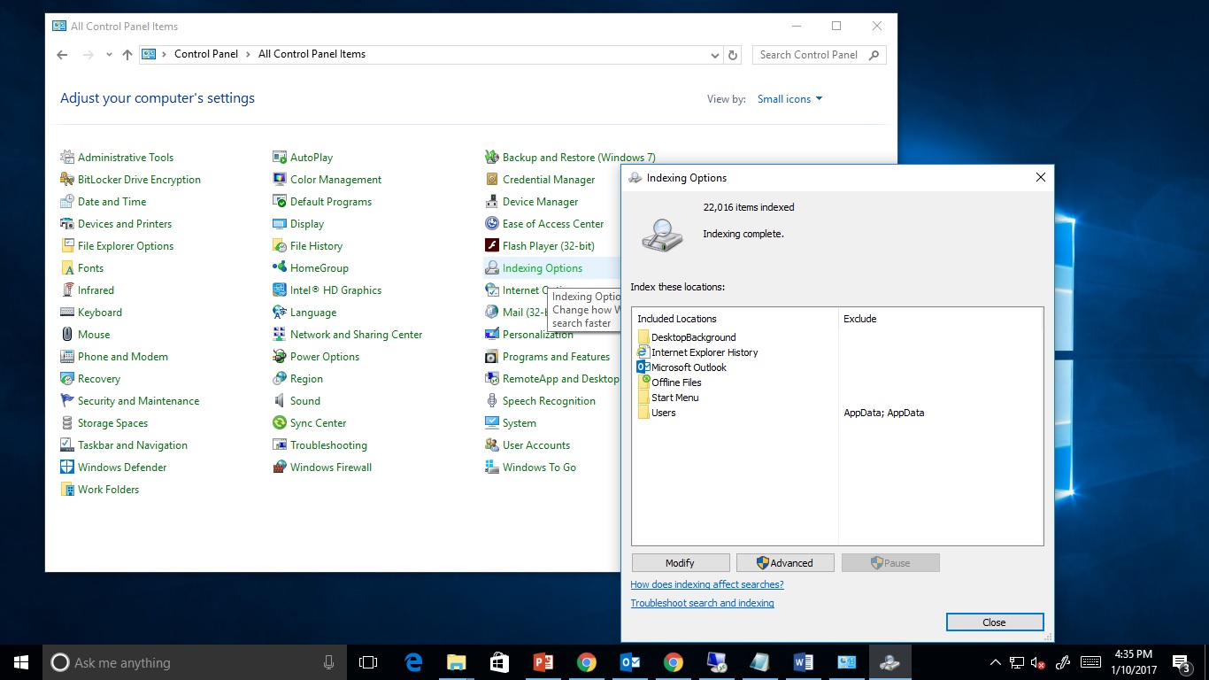 Indexing Options Control Panel
