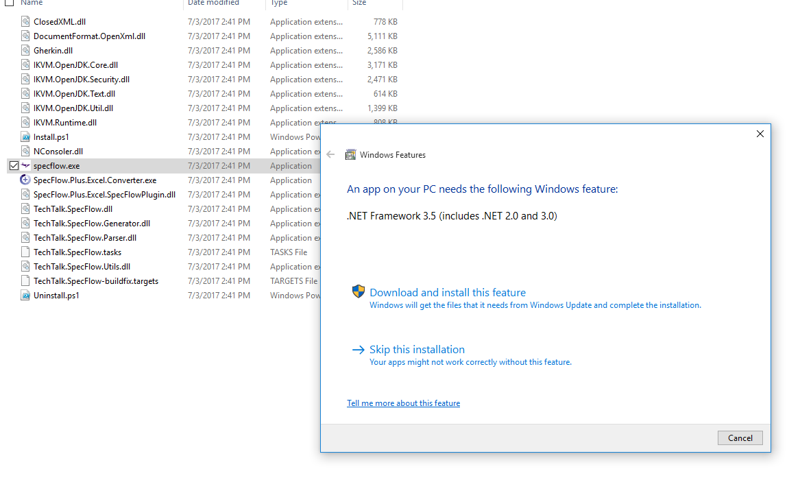 VS 2017 + SpecFlow + Random error + Windows10 + .Net Framework 2.0 and 3.0