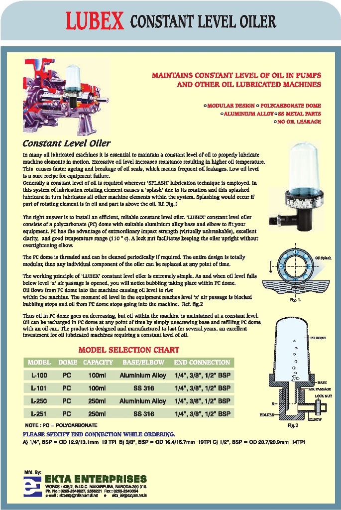 LUBEX CONSTANT LEVEL OILER: Lubex Constant Level Oiler : Ekta EnterPrise