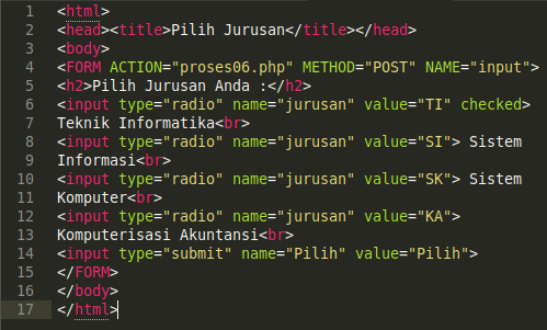 Pemrograman Web dengan PHP MySQL Membuat Program menampilkan form pilihan jurusan dengan radio ...