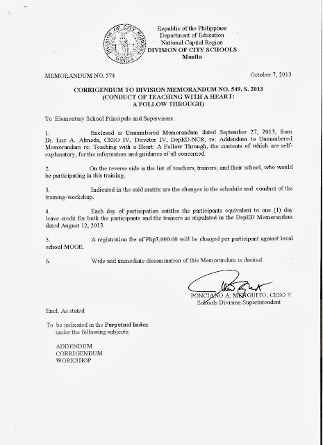 Department of Education Manila: Division Memorandum No. 574 CORRIGENDUM ...