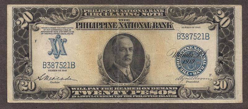 US Philippines 20 Pesos banknote 1921 Congressman William Jones|World ...