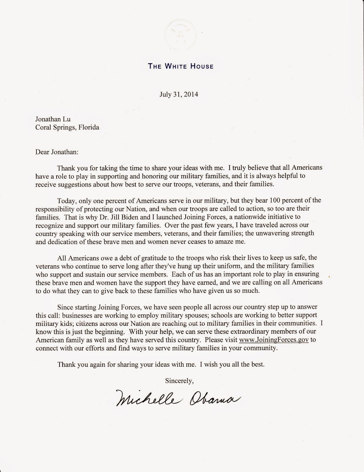 Love Our Troops Letter Project: Letter from the First Lady