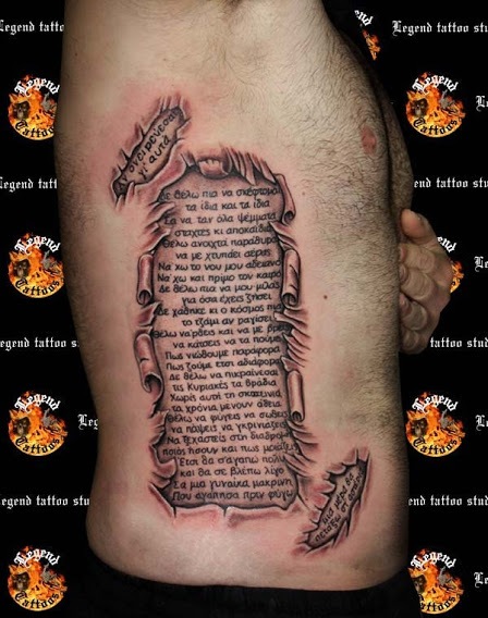 3D Lettering Rip Skin Tattoo On Right Side