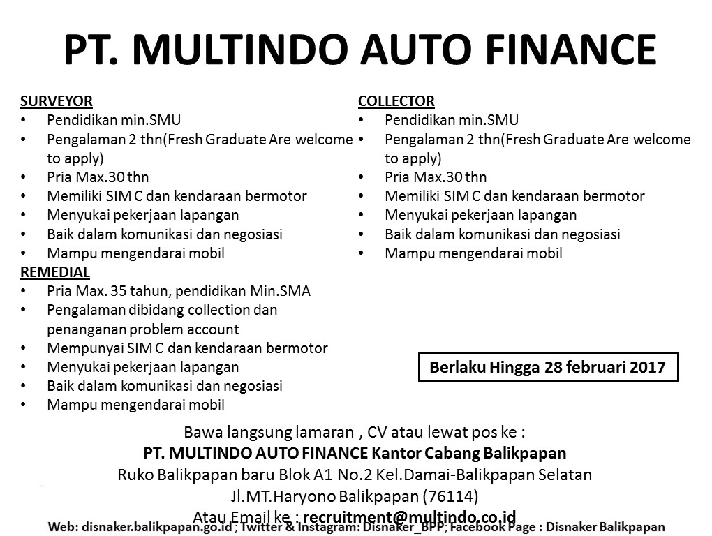 Lowongan Kerja Kota Balikpapan: Lowongan PT. MULTINDO AUTO FINANCE