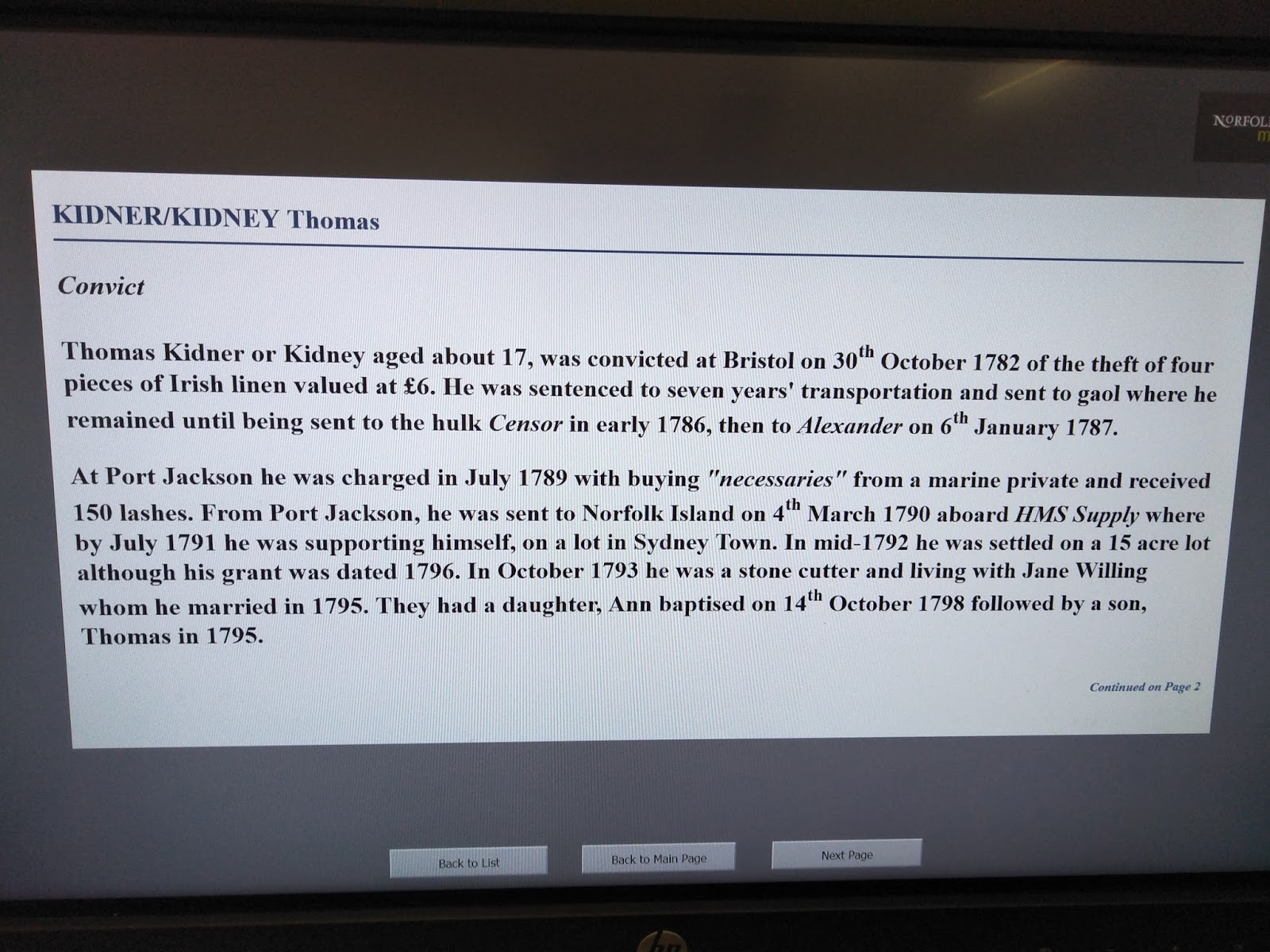 Norfolk Island, First Fleeters and families: Thomas Kidner and Jane Whiting