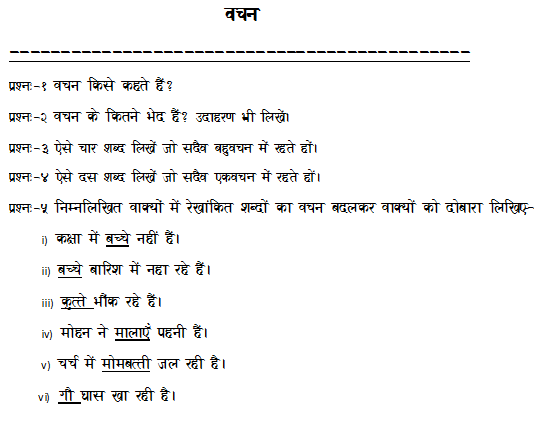 हमारी हिंदी : Worksheet of Vachan