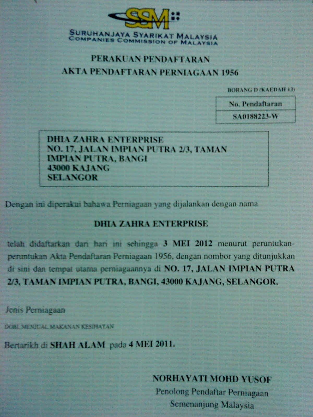 Dhia Zahra Onlineshop: Perniagaan Kami Berdaftar Di SSM :)