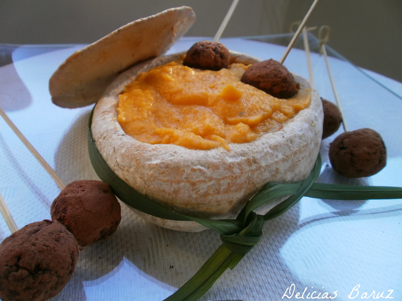 Delicias baruz: CREMA DE CALABAZA CON BROCHETAS DE TRUFAS DE MORCILLA