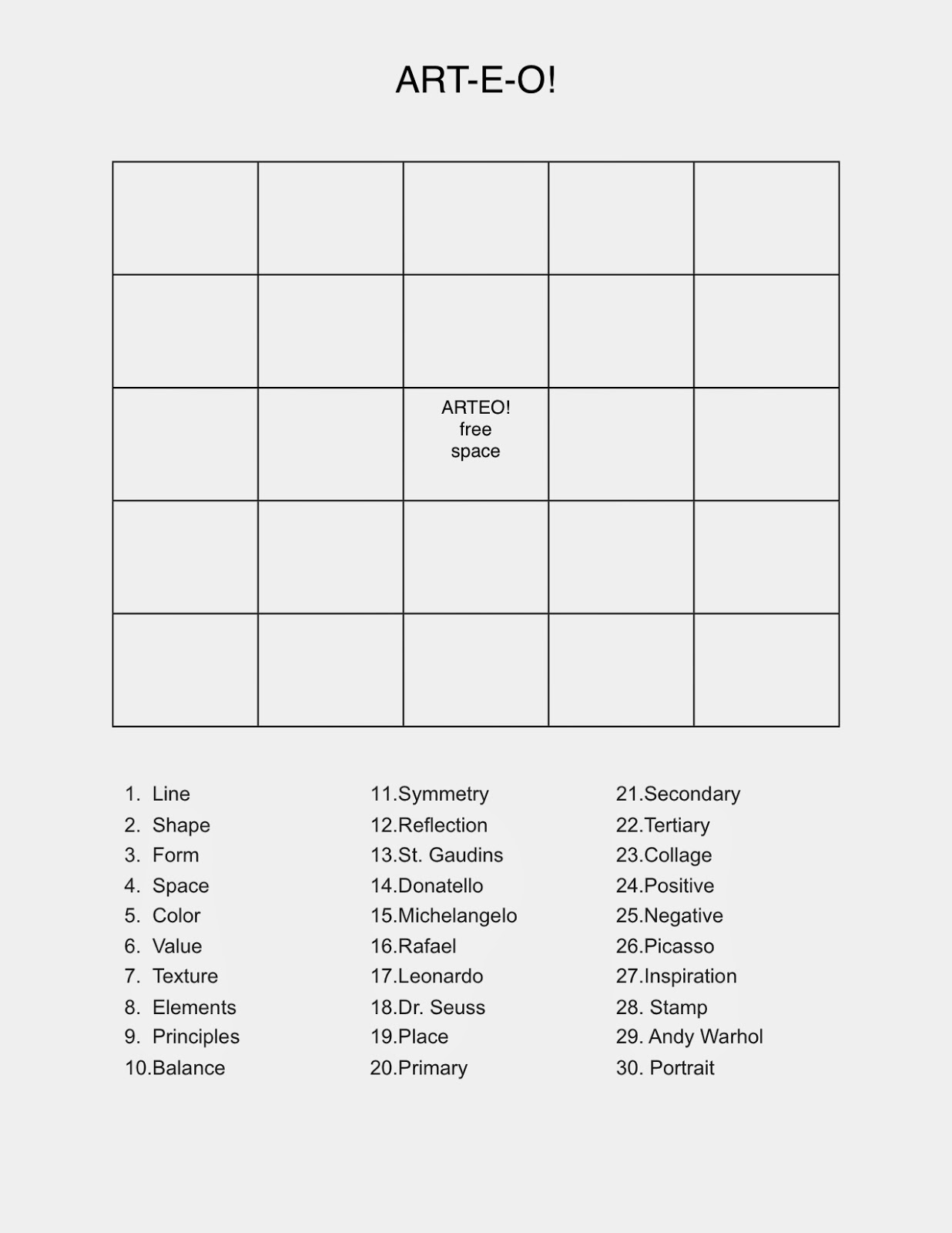 The Smockery: Sub Plans - Art Bingo!